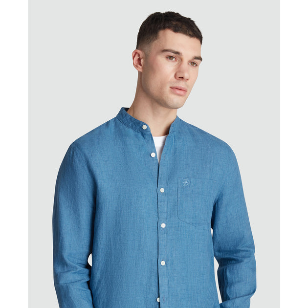 Delave Linen Mandarin Collar Shirt In Blue | Original Penguin®